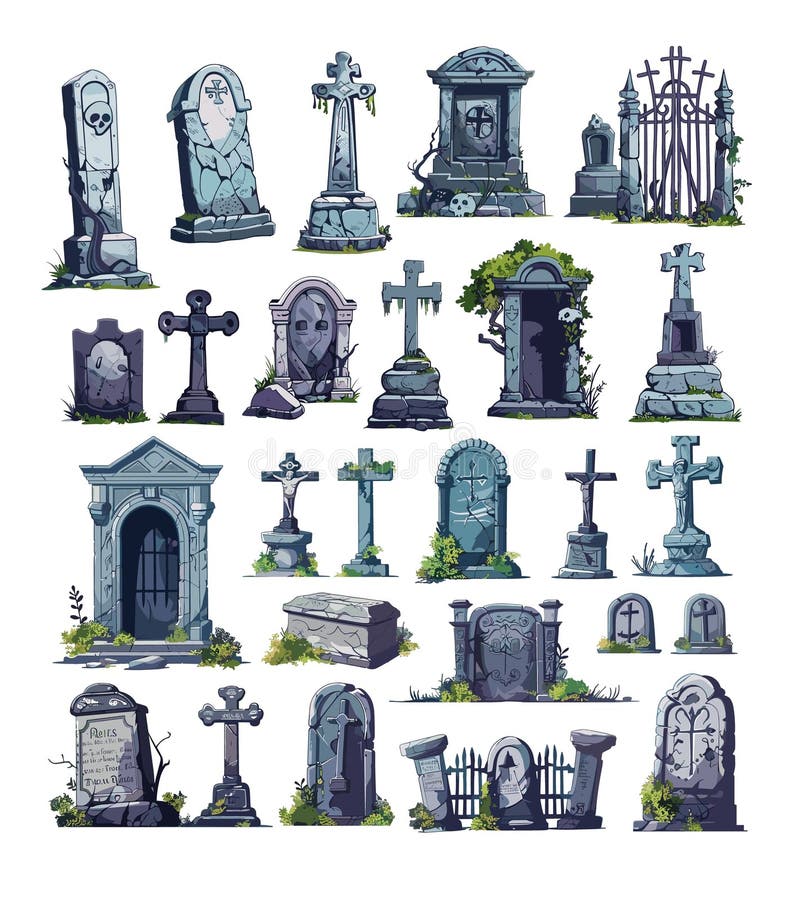 Old Cemetery Elements Cartoon Vector Set. Stone Rock Gothic Tombs ...