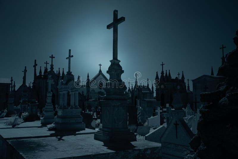 Old cemetery at night stock photo. Image of death, halloween - 224915642