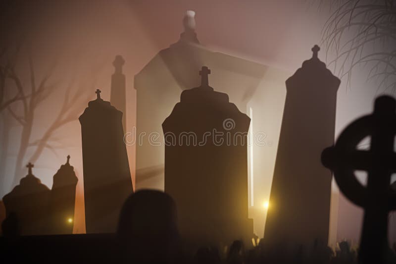 Cemetery at Night with Trees and Bats Stock Illustration - Illustration ...