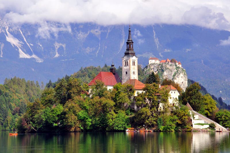 Old chapel on Bled lake stock image. Image of tourism - 34893561