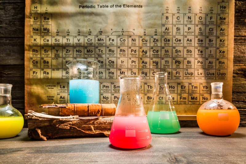 Old Chemical Lab with Color Beakers Stock Photo - Image of scientific ...
