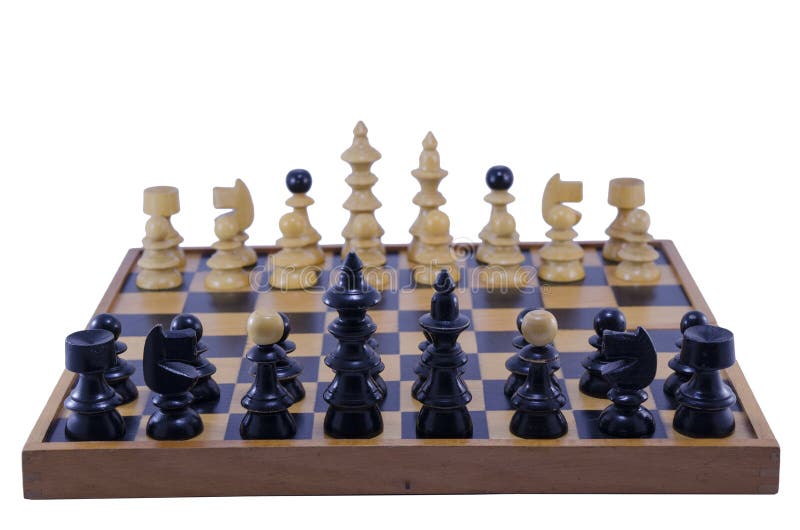 Old Chess Board with Pieces Ready To Play, Isolated Stock Image - Image ...