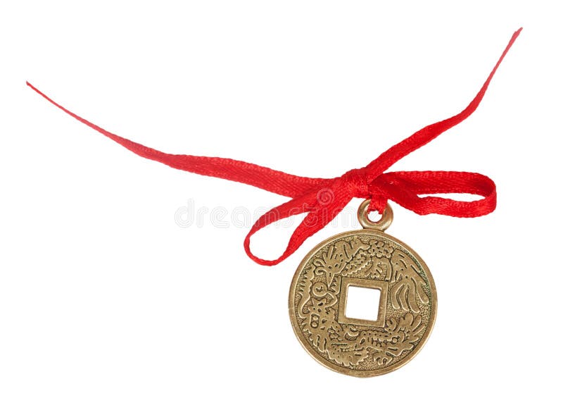 Old Chinese Coin with a Red Ribbon Stock Photo - Image of isolated ...