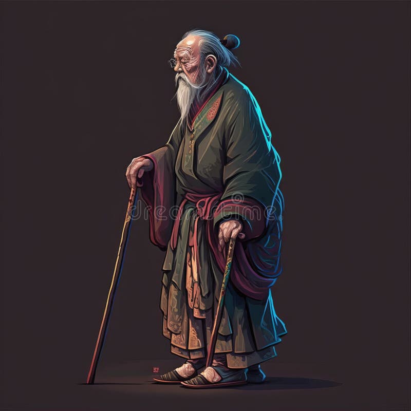 An Old Chinese Monk Stand with Stick Generative AI Иллюстрация штока ...