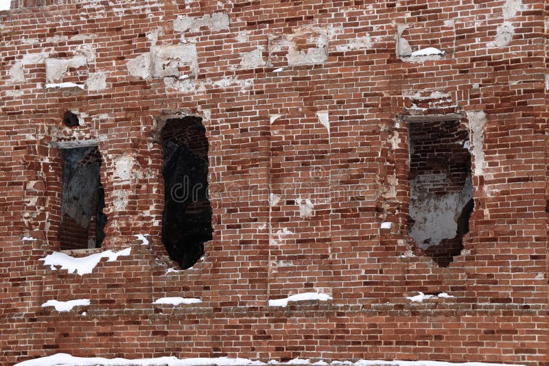 Destroyed Window Openings in the Red Wall Stock Photo - Image of three ...