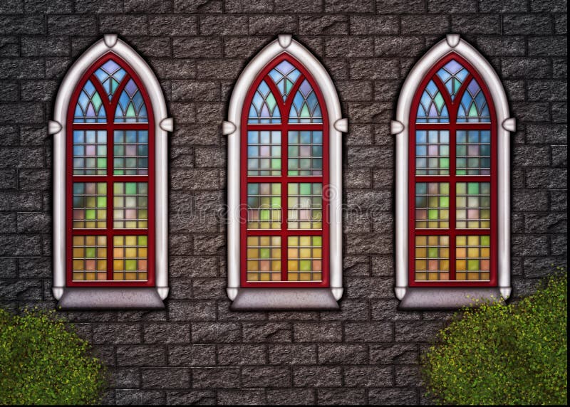 Old Church - Wall with Tree Windows Stock Illustration - Illustration ...