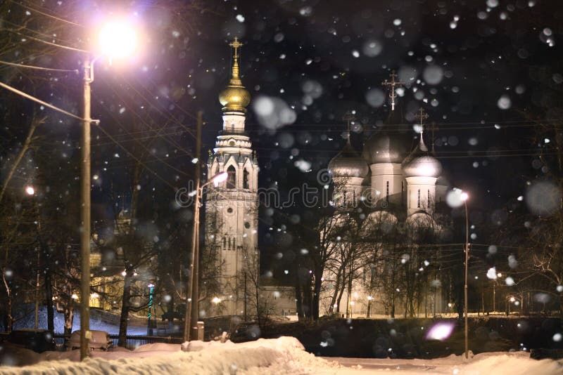 Old Church in Winter at Night Stock Photo - Image of building, night ...