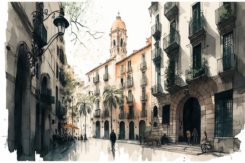 Old City in Barcelona Drawing with Bit of Watercolour Stock ...