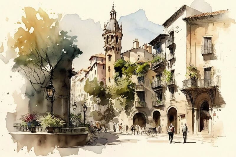 Old City in Barcelona Drawing with Bit of Watercolour Stock ...