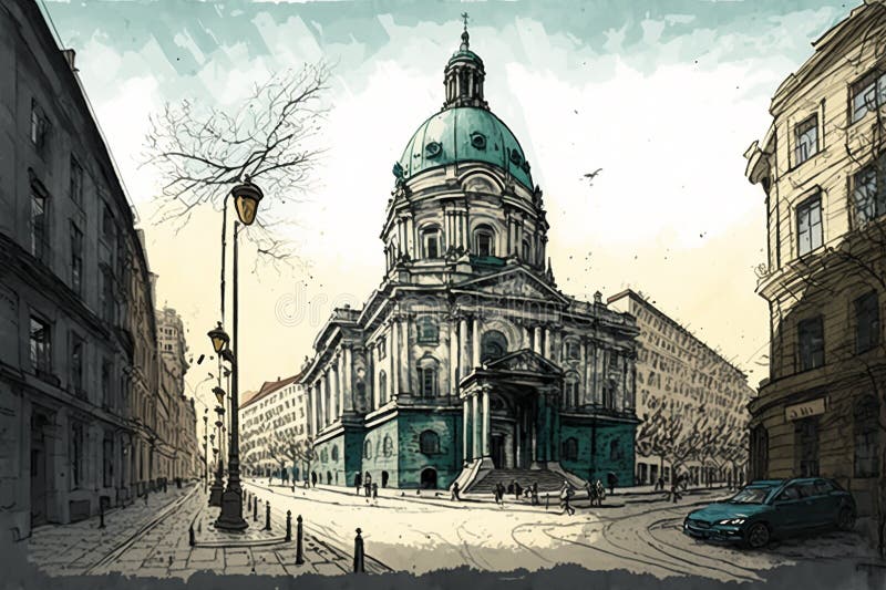 Old City in Berlin Drawing with Bit of Watercolour Stock Illustration ...