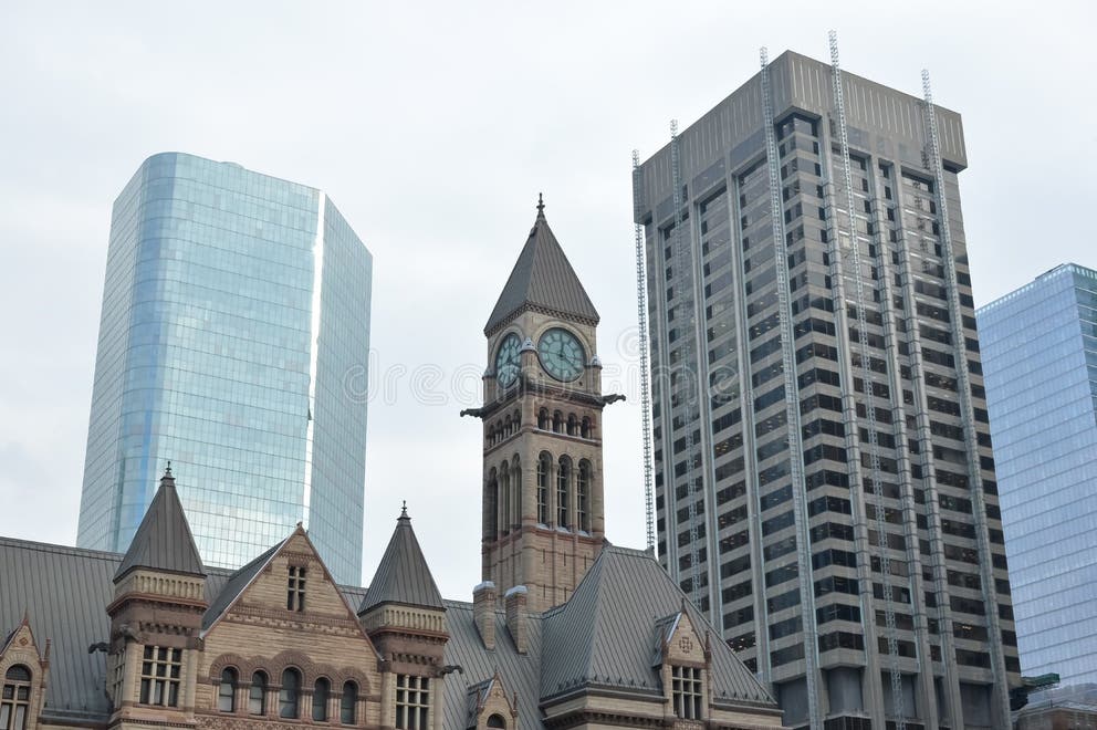 Old City Hall Clock Tower and Skyscraper in Toronto Stock Image - Image ...