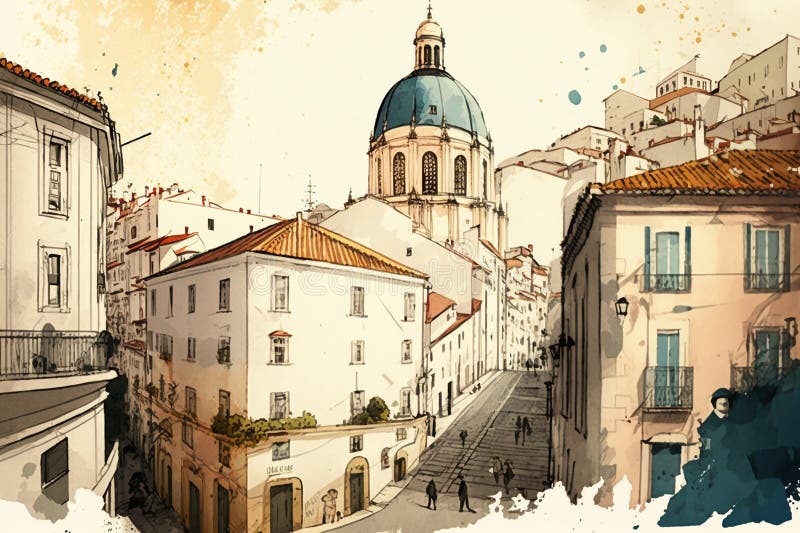 Old City in Lisbon Drawing with Bit of Watercolour Stock Illustration ...