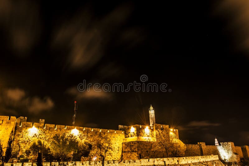 The Tower of David - Old City Walls at Night, Jerusalem Stock Image ...