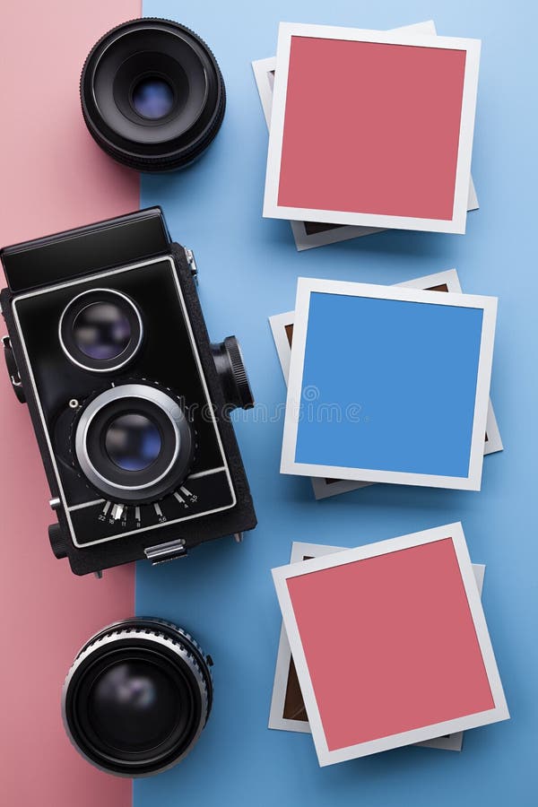 Old Classic Camera, Lens and Paper Photo Frame with Empty Space for ...