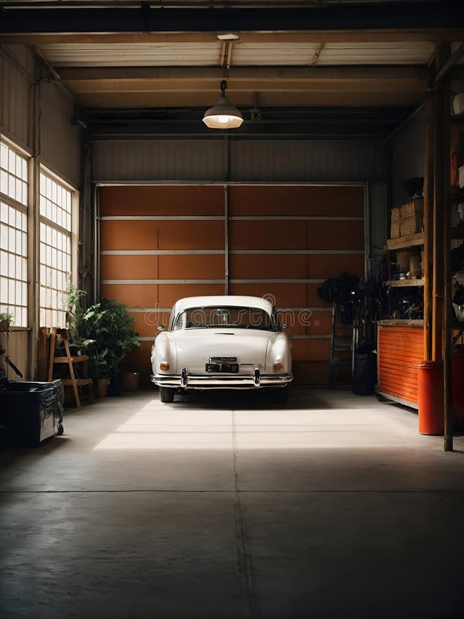 Old Classic Car in a Loft Style Garage. Fictional Car Stock ...