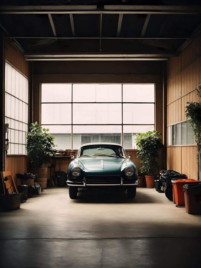 Old Classic Car in a Loft Style Garage. Fictional Car Stock ...