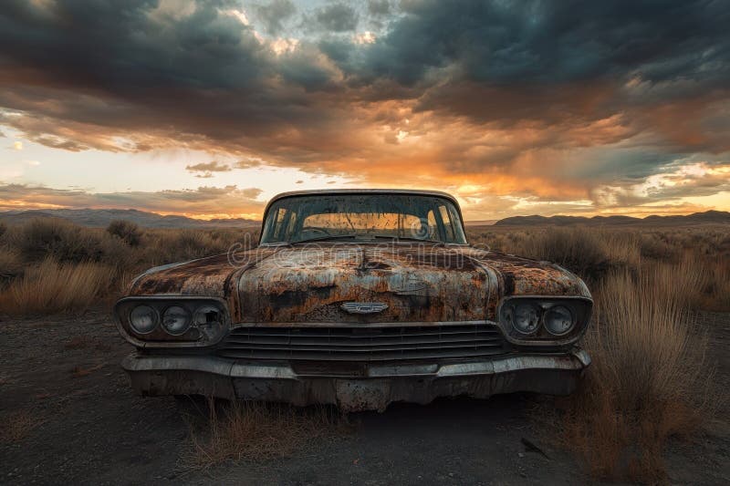Old Classic Car Rusting in a Desert Landscape Under a Dramatic Sunset ...