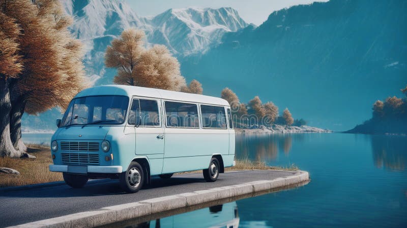 Old Classic Minibus on the Road by the Lake Stock Illustration ...