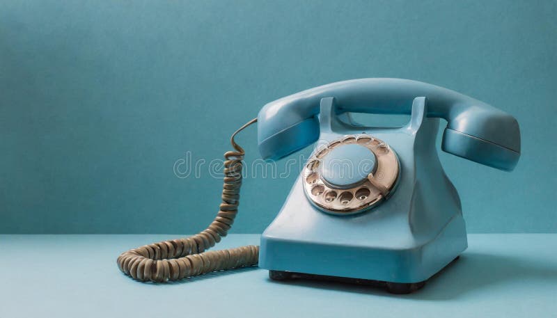 Old Classic Phone. Blue Vintage Phone Against Blue Background with Copy ...