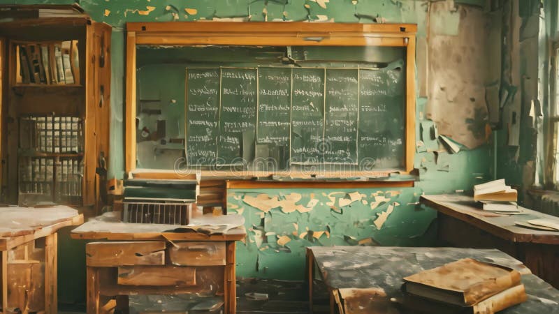 An Old Classroom Featuring Wooden Desks And A Chalkboard Evoking