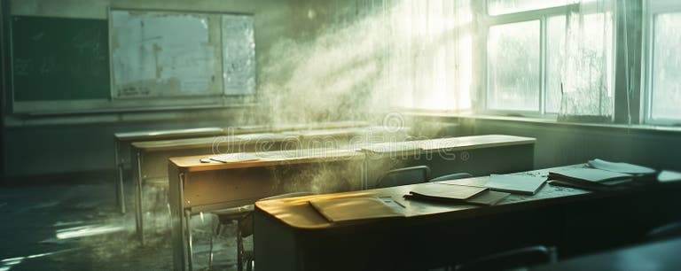 Old Classroom with Worn Textbooks Illuminated by Soft Sunlight in a ...