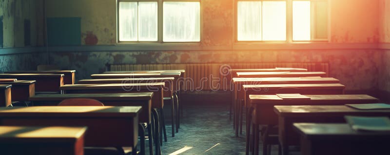 Old Classroom with Worn Textbooks and Sunlight Filtering through Dusty ...