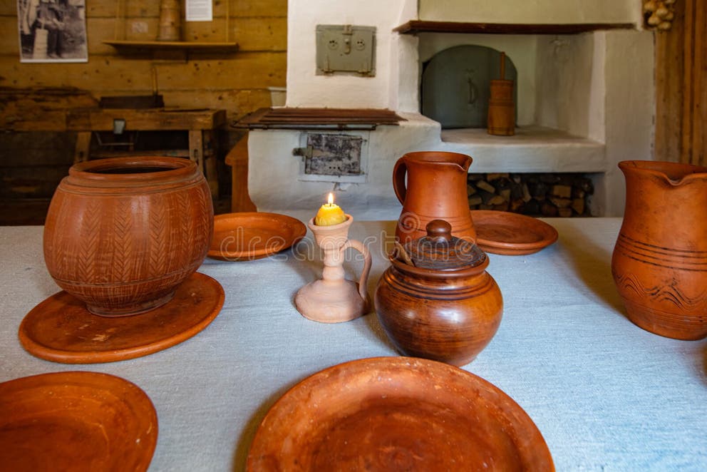 Old Clay Dishware on the Table Stock Image - Image of antique ...