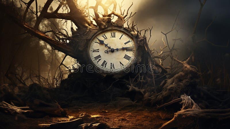 An Old Clock Covered by a Large Tree in a Desolate Forest. - Generative ...