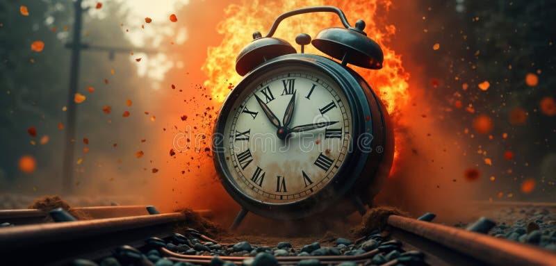Old Clock Destroyed by Fire on Train Tracks. Time Stops. Dramatic Scene ...