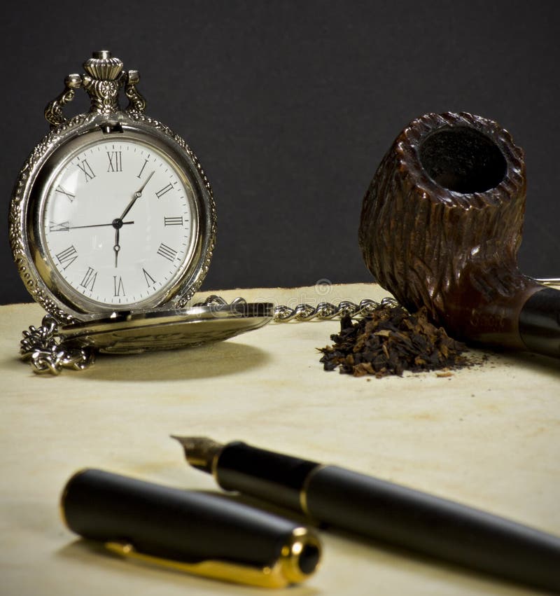 The Old Clock, Pipe, Tobacco and Pen. Stock Photo - Image of clock ...