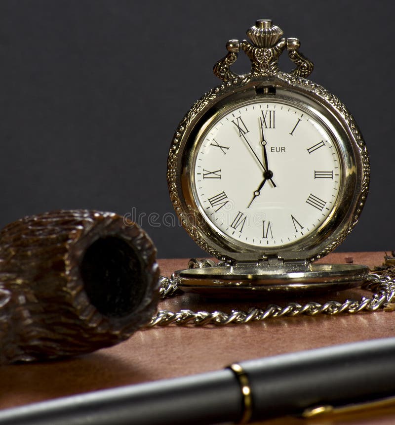 The Old Clock, Pipe, Tobacco and Pen. Stock Photo - Image of sleep ...