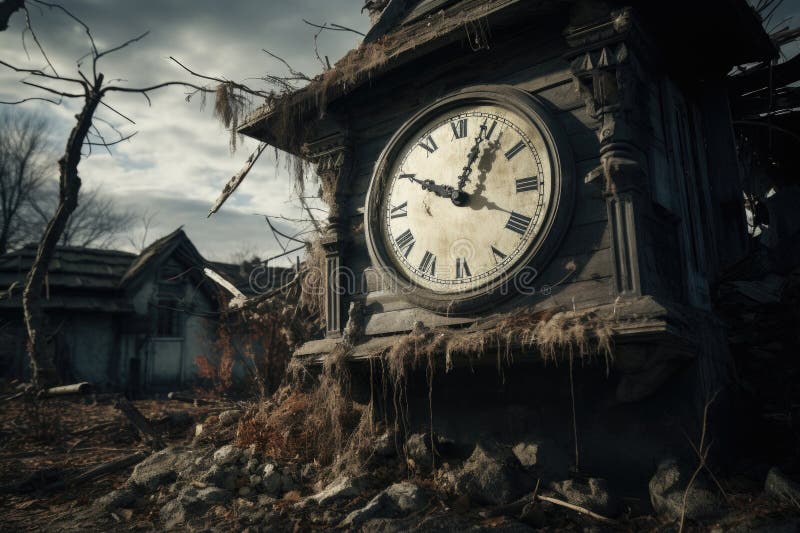 An Old Clock Sits Atop a Pile of Rubble, with Vines and Debris ...