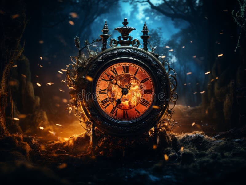 An Old Clock Sitting in the Middle of a Dark Forest Stock Illustration ...
