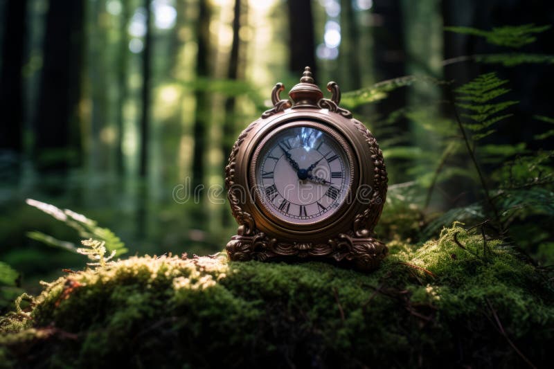 An Old Clock Sitting in the Middle of a Forest Stock Illustration ...