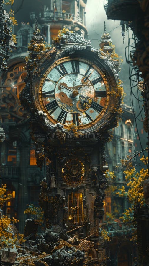 Old Clock Tower in Abandoned City Stock Illustration - Illustration of ...