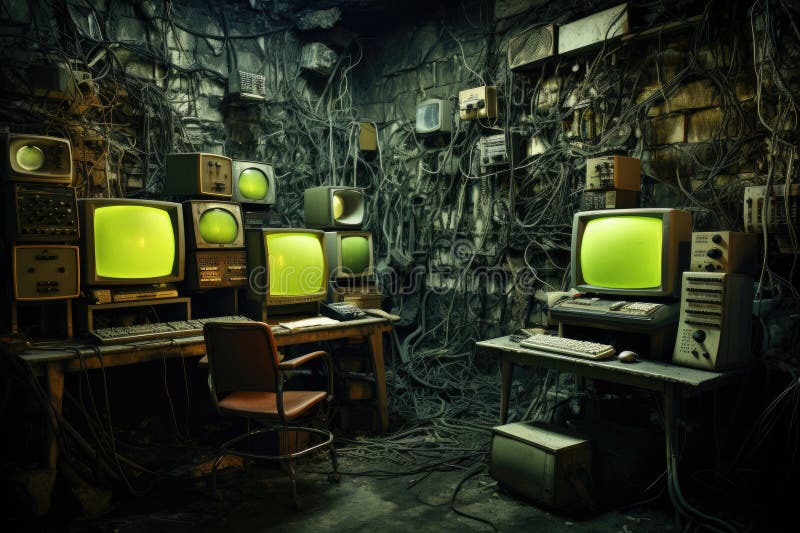 An Old, Cluttered Room Filled with Green-screen Computers, Tangled ...