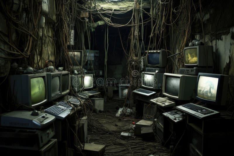 An Old, Cluttered Room Filled with Green-screen Computers, Tangled ...