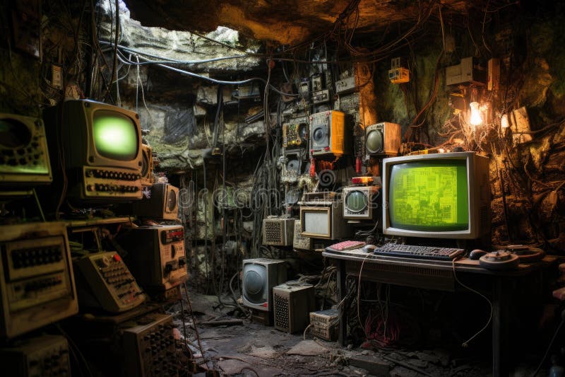 An Old, Cluttered Room Filled with Green-screen Computers, Tangled ...