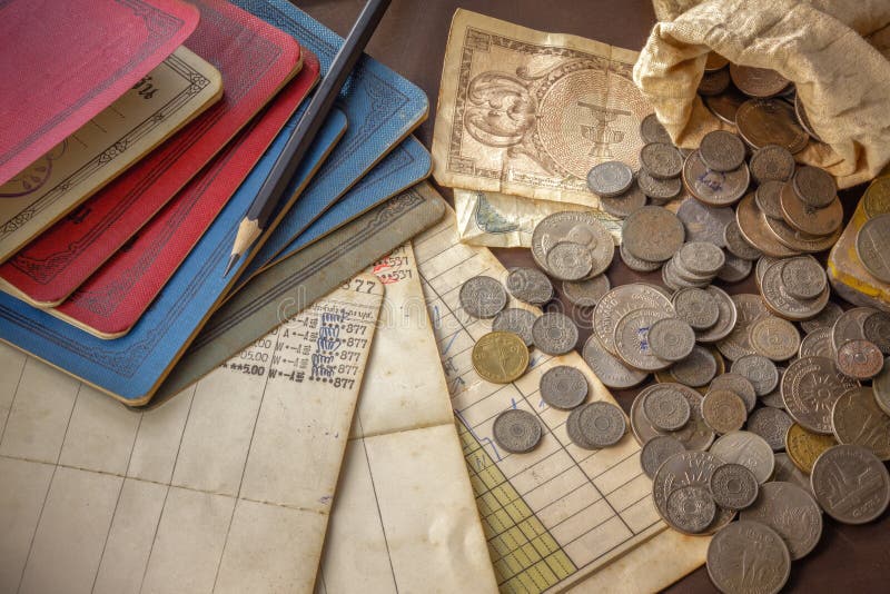 Old Coins And Bank Book On Grunge Background. Stock Image - Image of ...