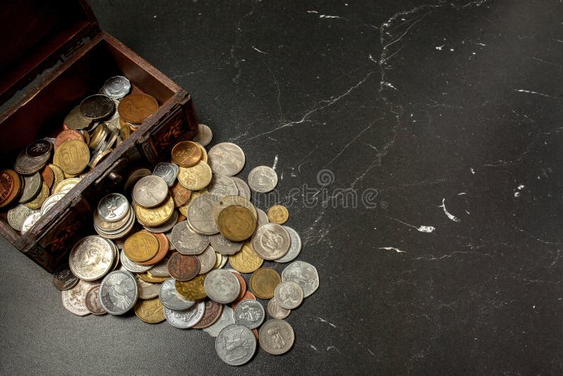 Old Coins Collection in Wooden Chest Box Stock Image - Image of light ...