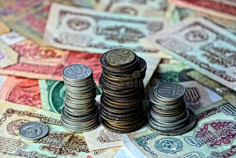 Old Coins in Piles on Paper Money Bills Stock Image - Image of budget ...