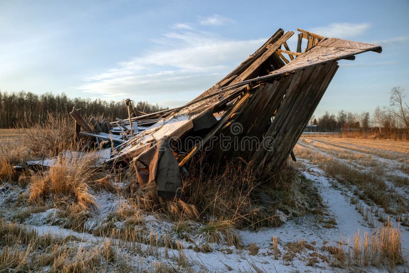 Old Collapsed Barn in December Winter Sunlight Stock Photo - Image of ...