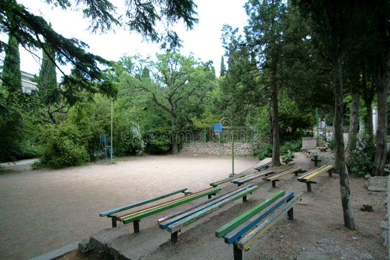 Old Colored Benches at the Playground Basketball in the Park Stock ...