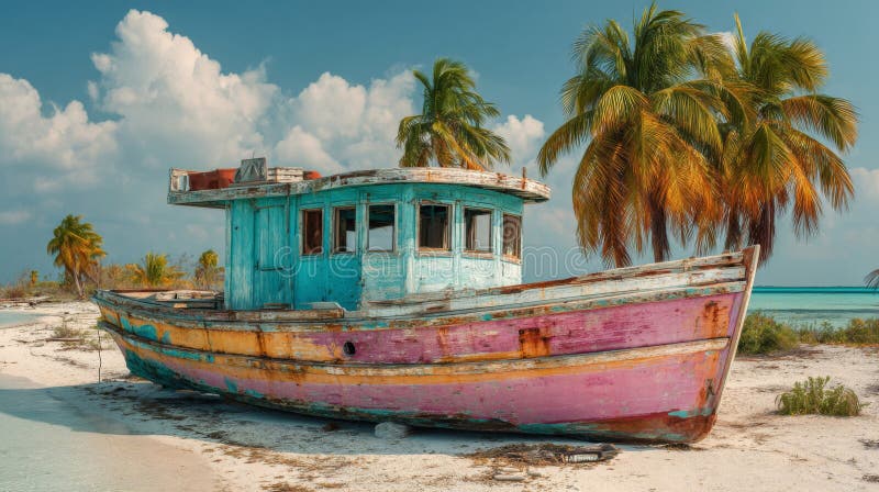 Old Colorful Abandoned Boat on Tropical Beach Stock Illustration ...