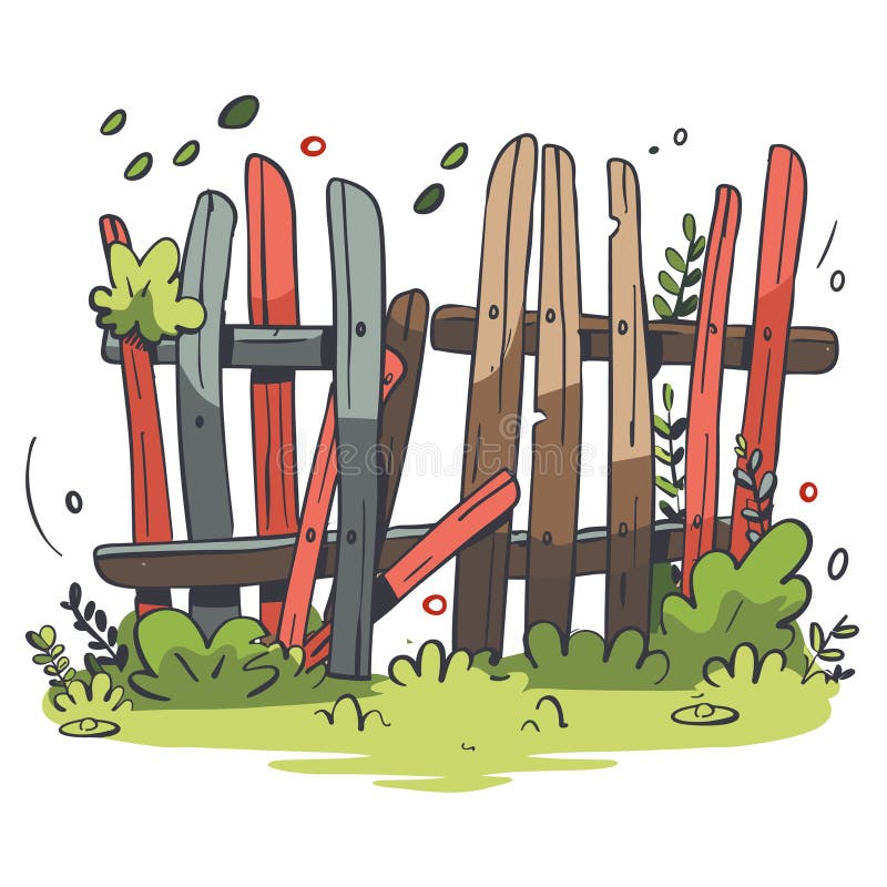 Old Colorful Wooden Fence Surrounded Grass Plants Cartoon Style Weathered Wood Fence