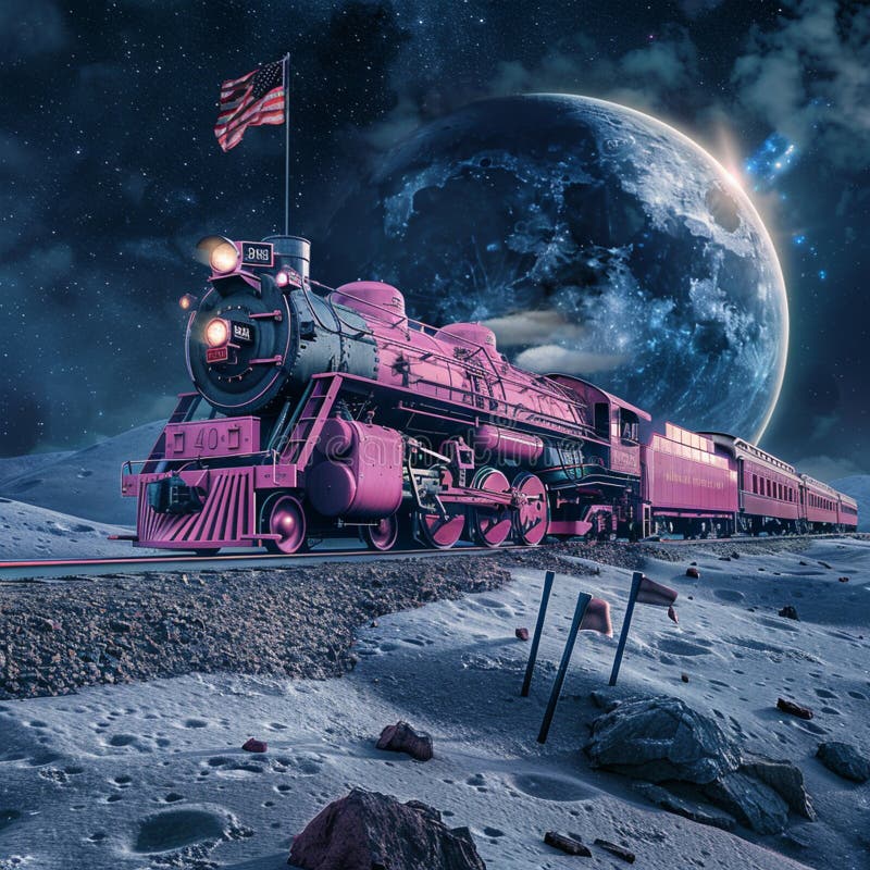 Old Commuter Train on Another Planet, with Moon and Earth in the ...