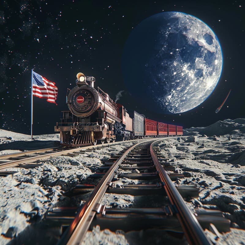 Old Commuter Train on Another Planet, with Moon and Earth in the ...