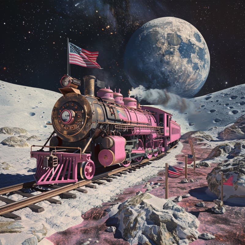 Old Commuter Train on Another Planet, with Moon and Earth in the ...