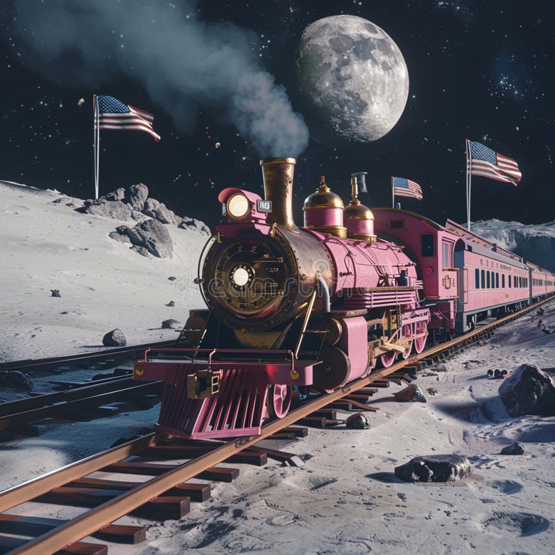 Old Commuter Train on Another Planet, with Moon and Earth in the ...