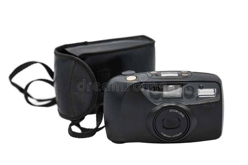 Old Compact Camera with Its Black Case on a White Background. it is the ...